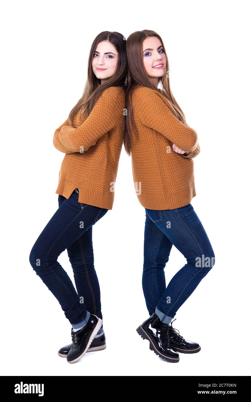 friendship concept - full length portrait of two girls isolated on ...