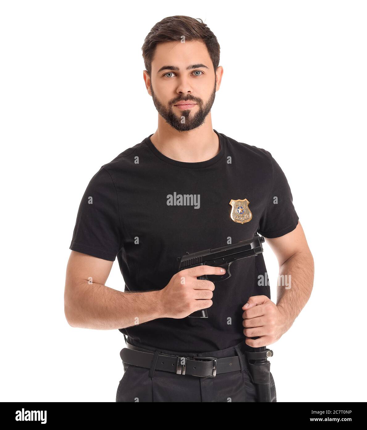 Handsome policeman on white background Stock Photo - Alamy