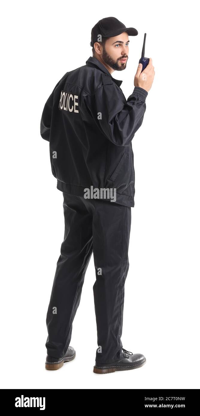Handsome policeman with two-way radio on white background Stock Photo ...