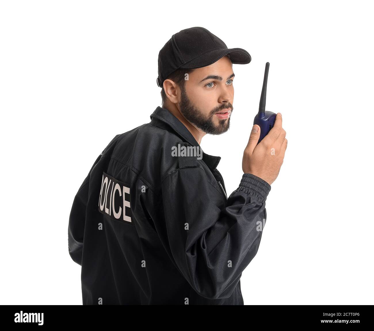 Handsome policeman with two-way radio on white background Stock Photo ...