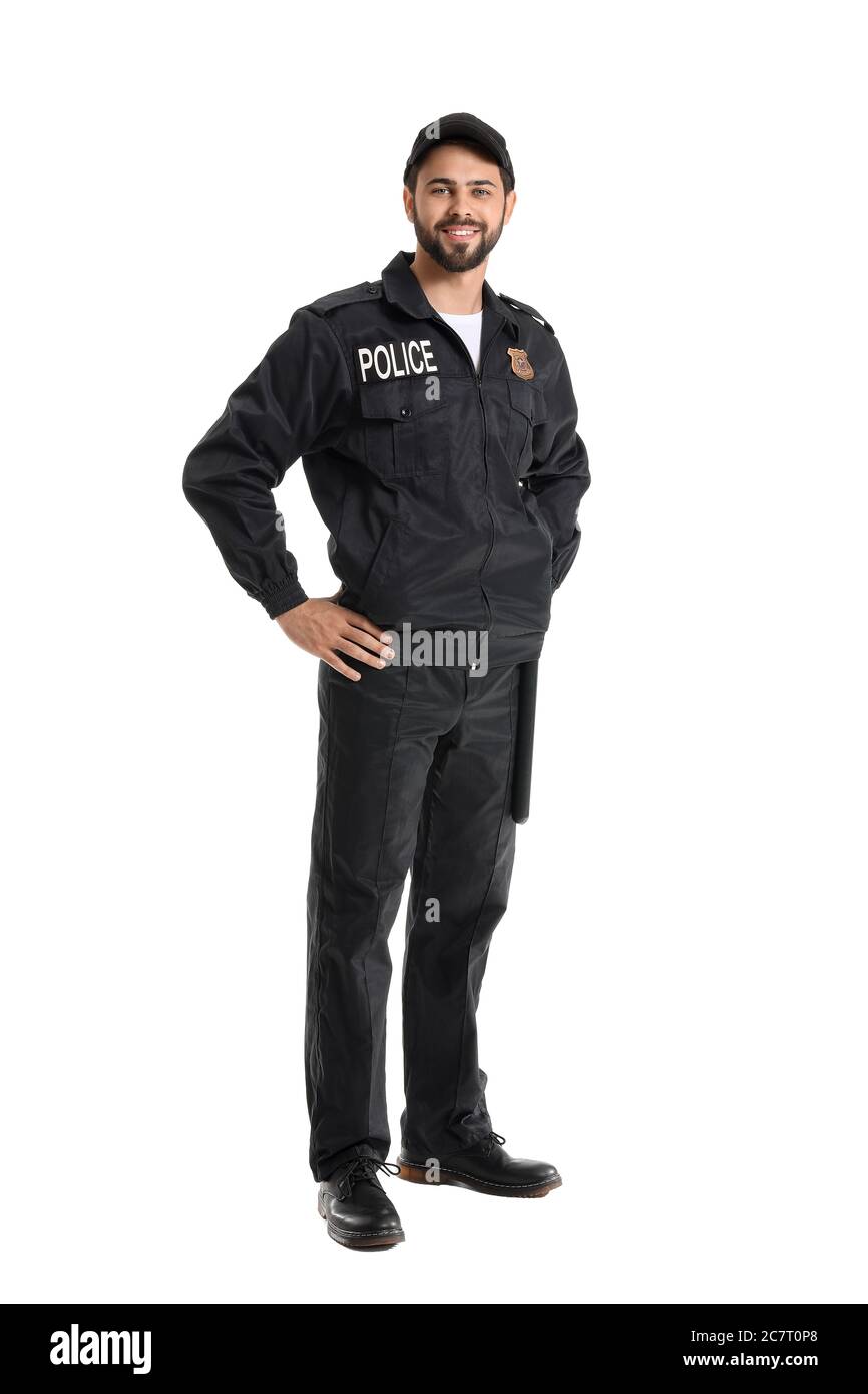 Handsome policeman on white background Stock Photo - Alamy