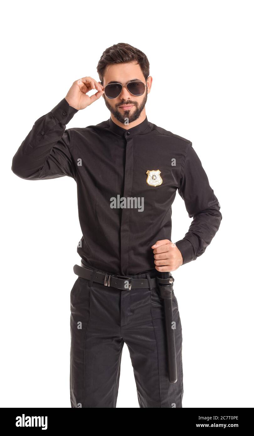 Handsome policeman on white background Stock Photo - Alamy
