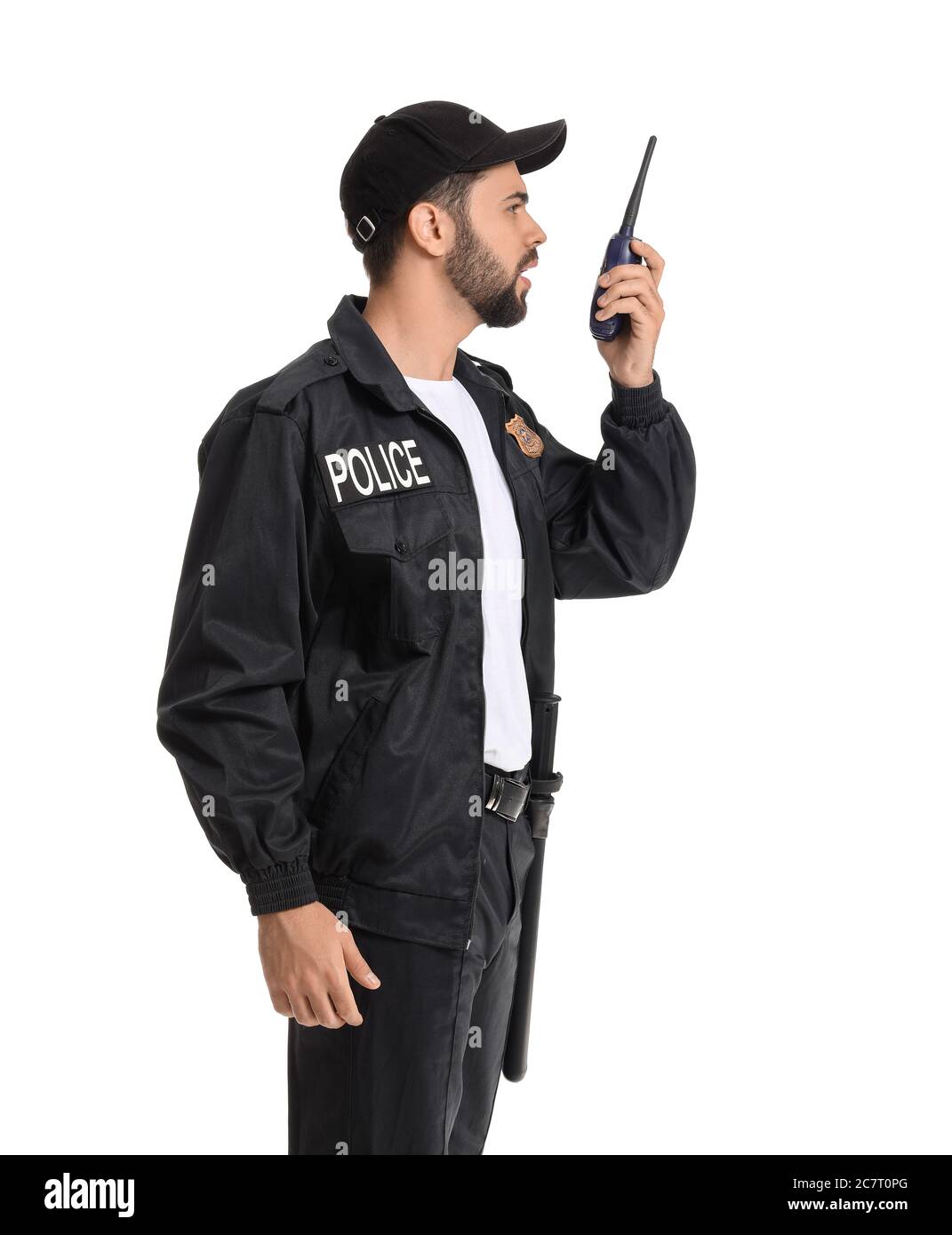 Handsome policeman with two-way radio on white background Stock Photo ...