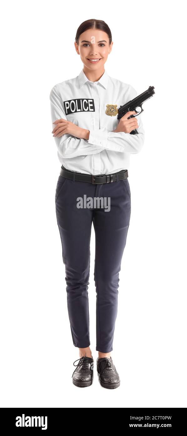 Female police officer with gun on white background Stock Photo - Alamy