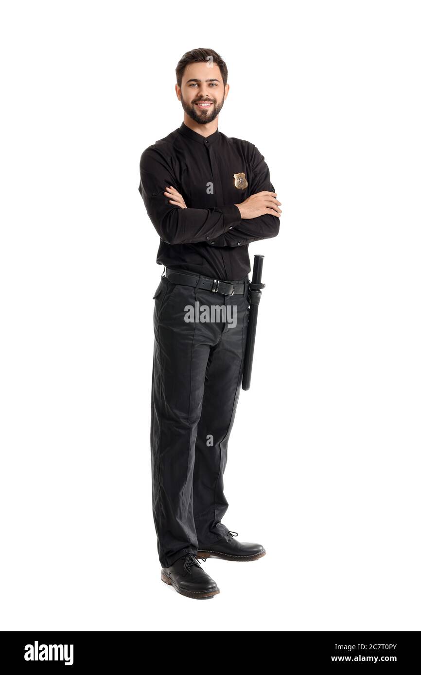 Handsome policeman on white background Stock Photo - Alamy