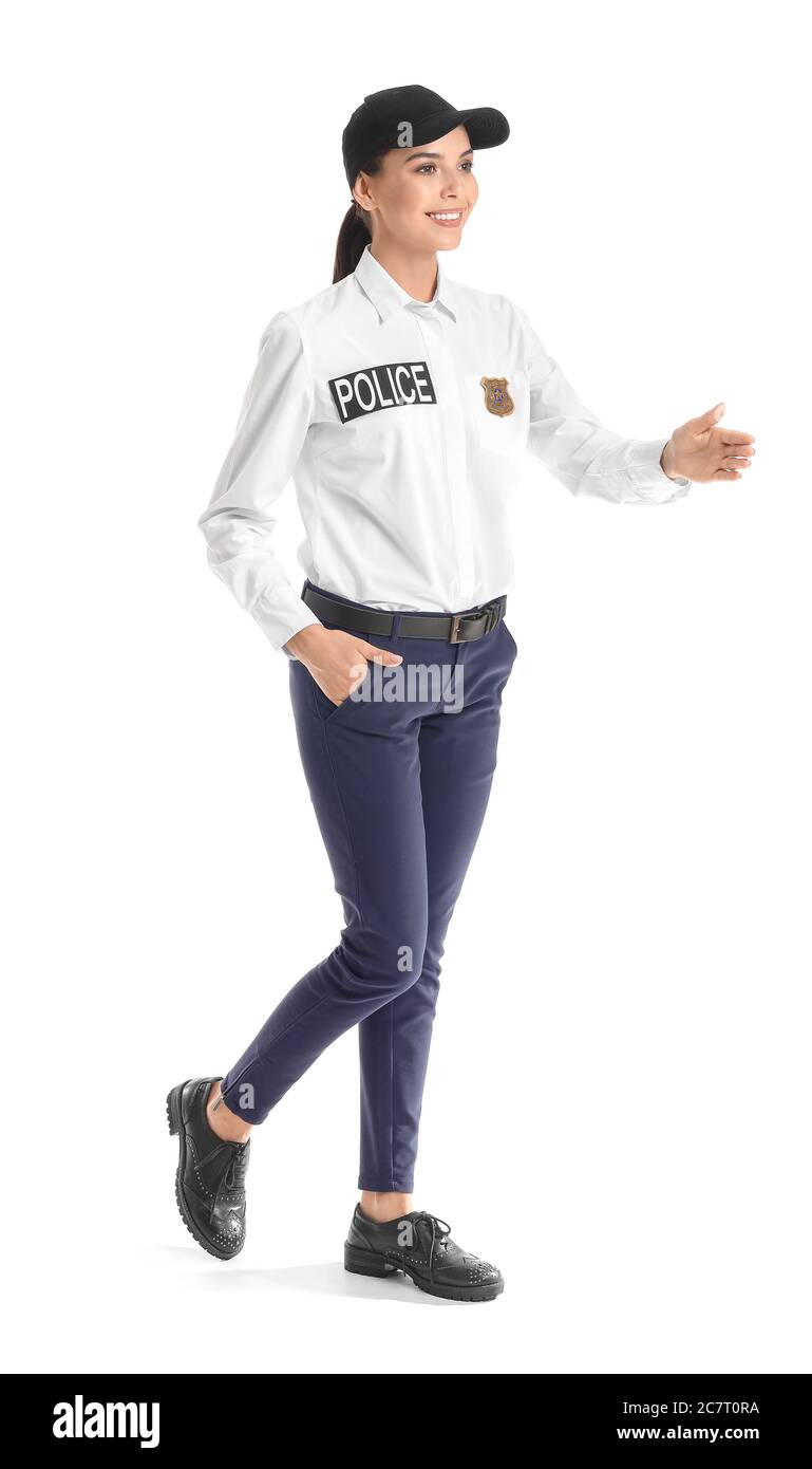 Female police officer on white background Stock Photo - Alamy