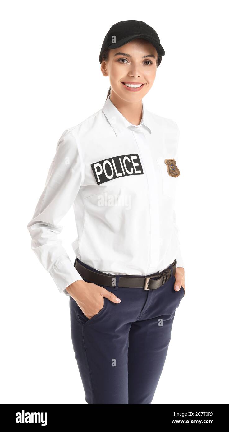 Female police officer on white background Stock Photo - Alamy
