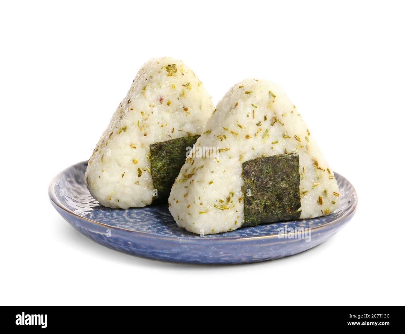 Plate with traditional Japanese onigiri on white background Stock Photo ...