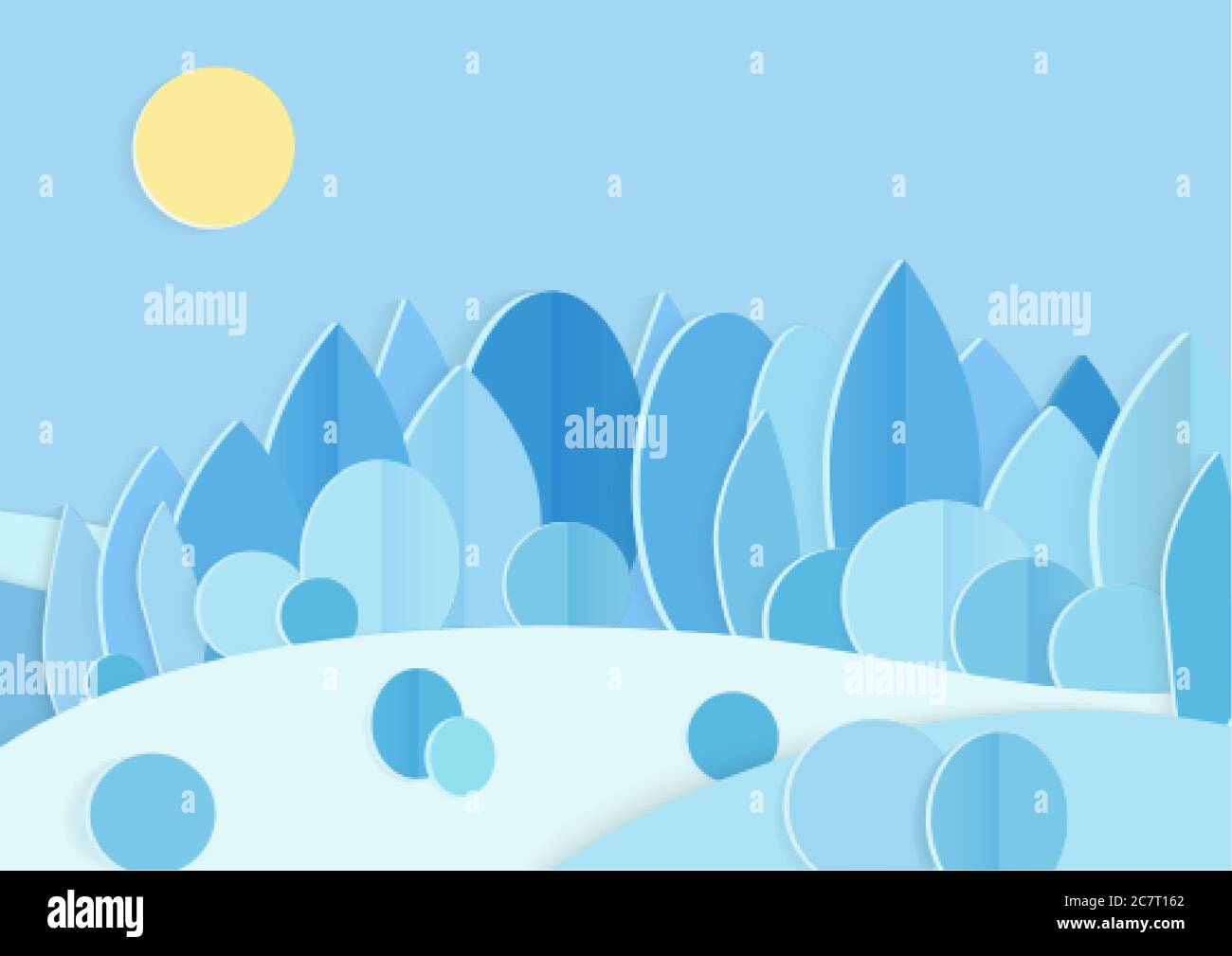Pasteboard blue winter forest flat vector illustration. Scenic ...