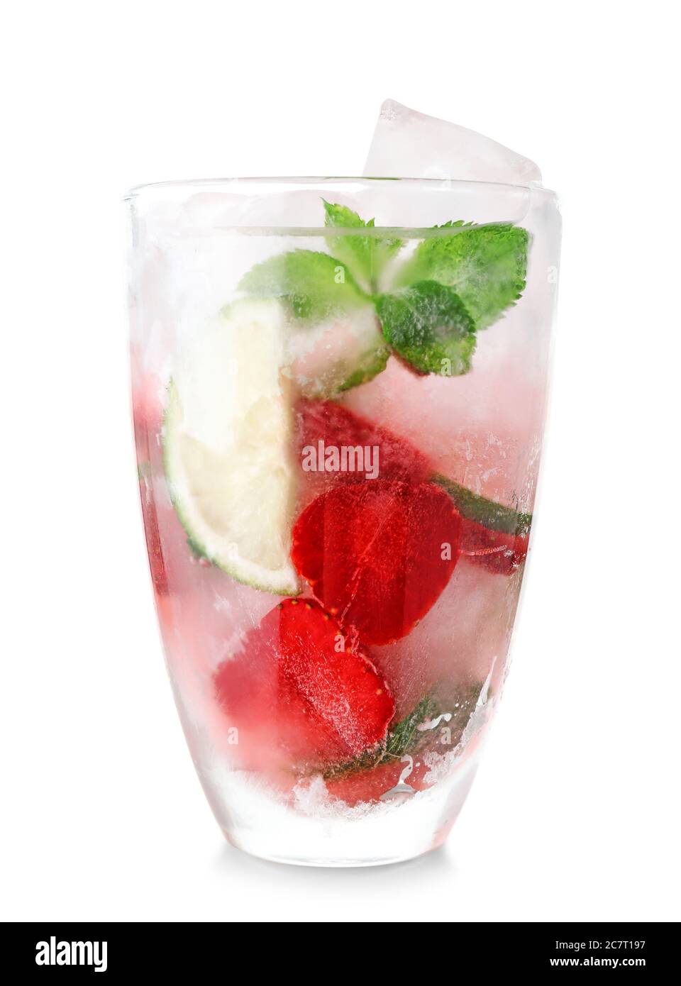 Glass of fresh strawberry lemonade on white background Stock Photo - Alamy