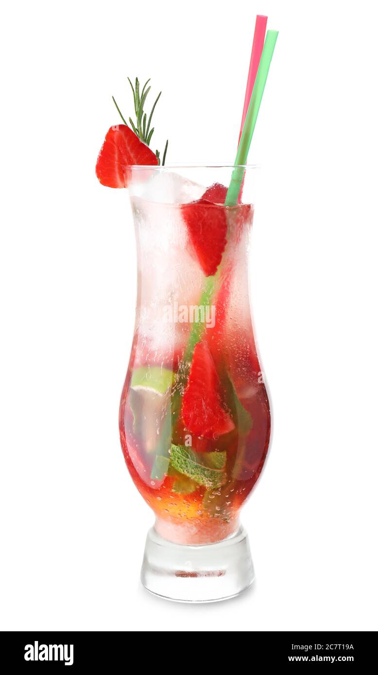 Glass of fresh strawberry lemonade on white background Stock Photo - Alamy