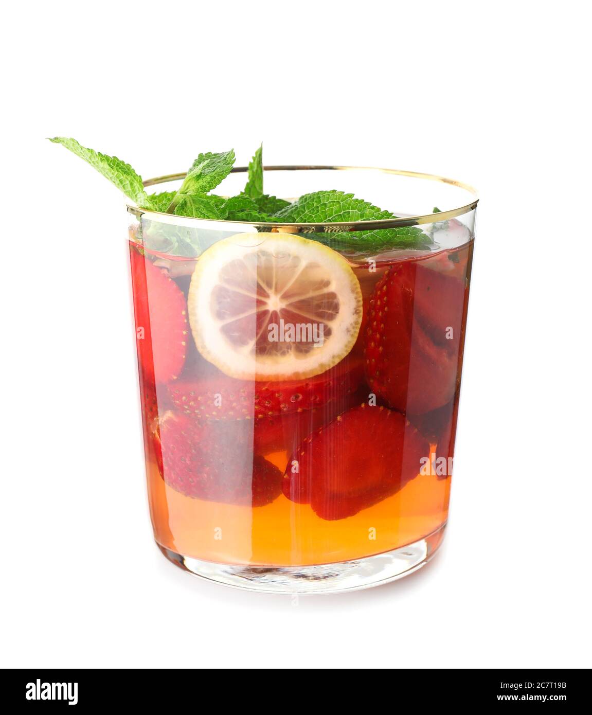 Glass of fresh strawberry lemonade on white background Stock Photo - Alamy