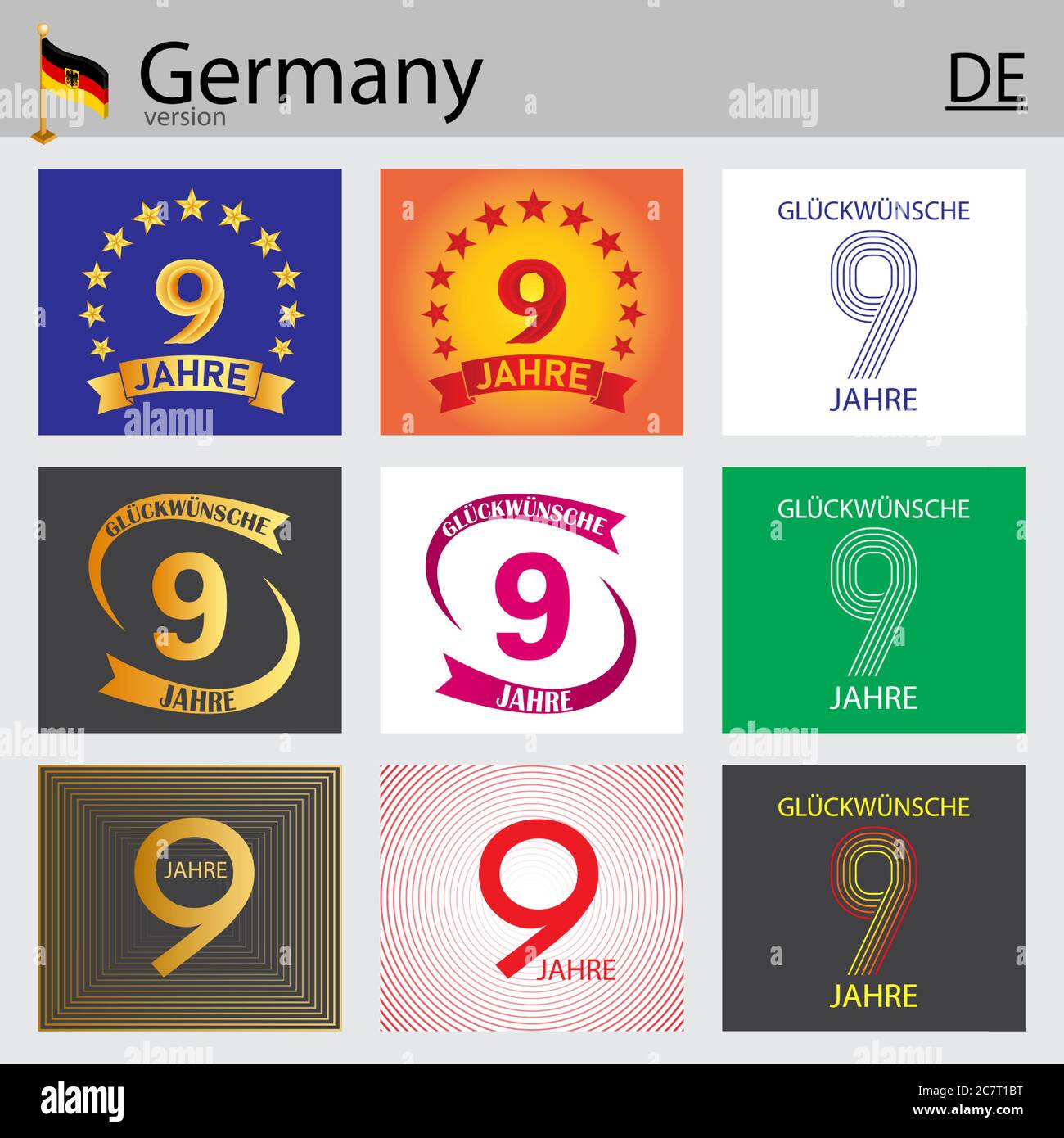German set of number nine years (9 years) celebration design ...