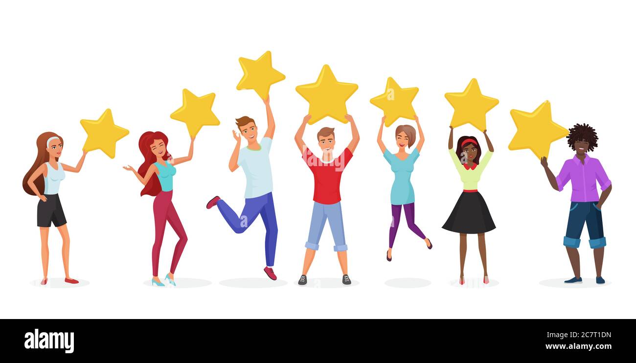 Customer reviews flat vector banner template. Happy users holding ...