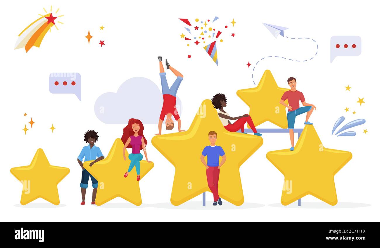 People with golden cartoon stars flat vector illustration. Users ...