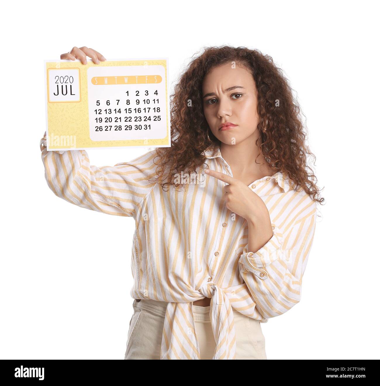 Sad woman with calendar on white background. Vacation concept Stock ...