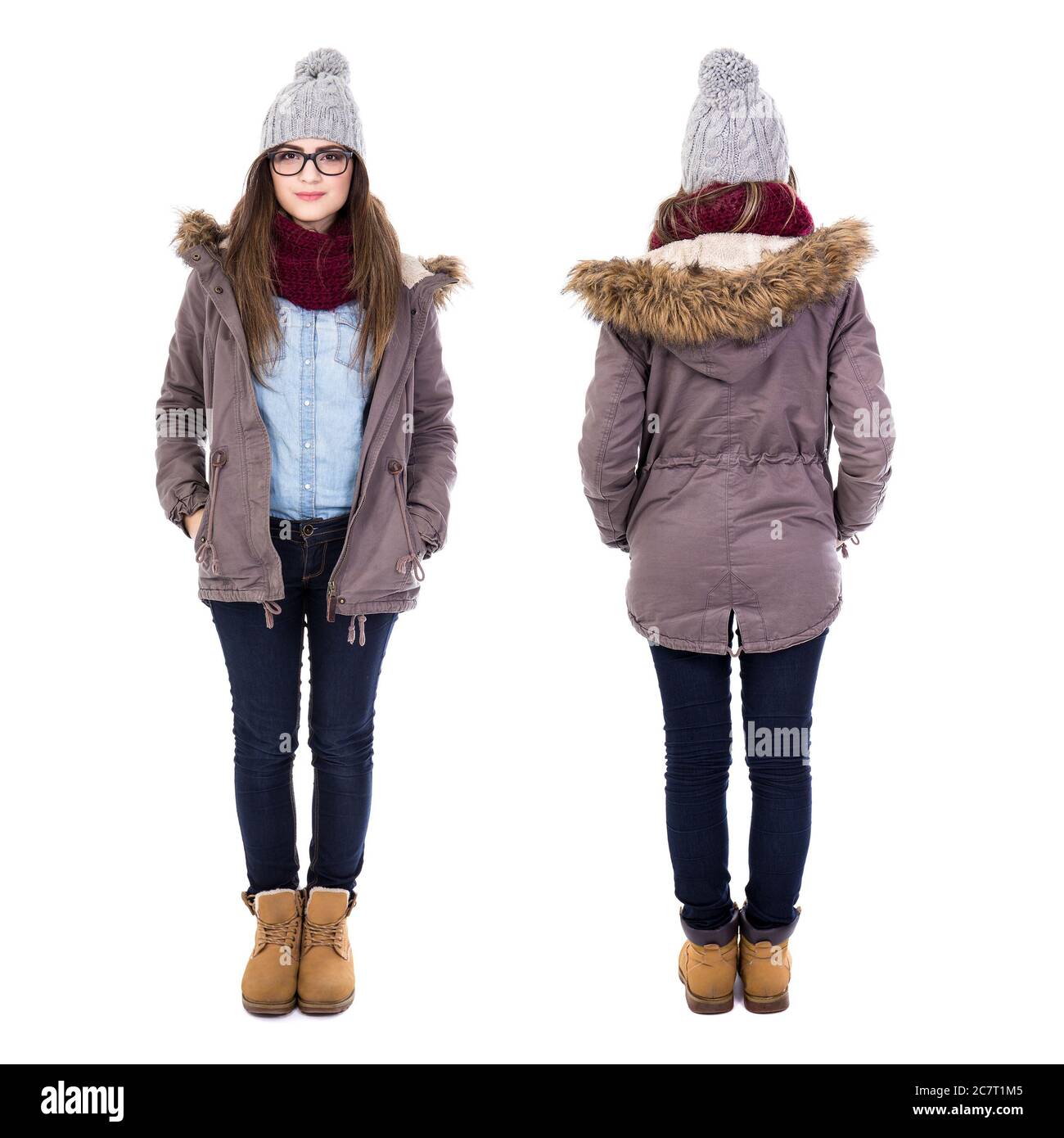 front and back view of young woman in winter clothes isolated on white ...