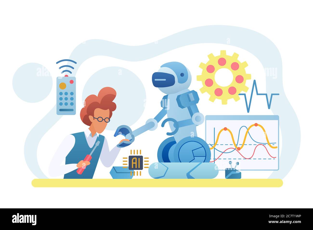 Scientist creating robot flat vector illustration. Engineer working on robotic technology. Man ...