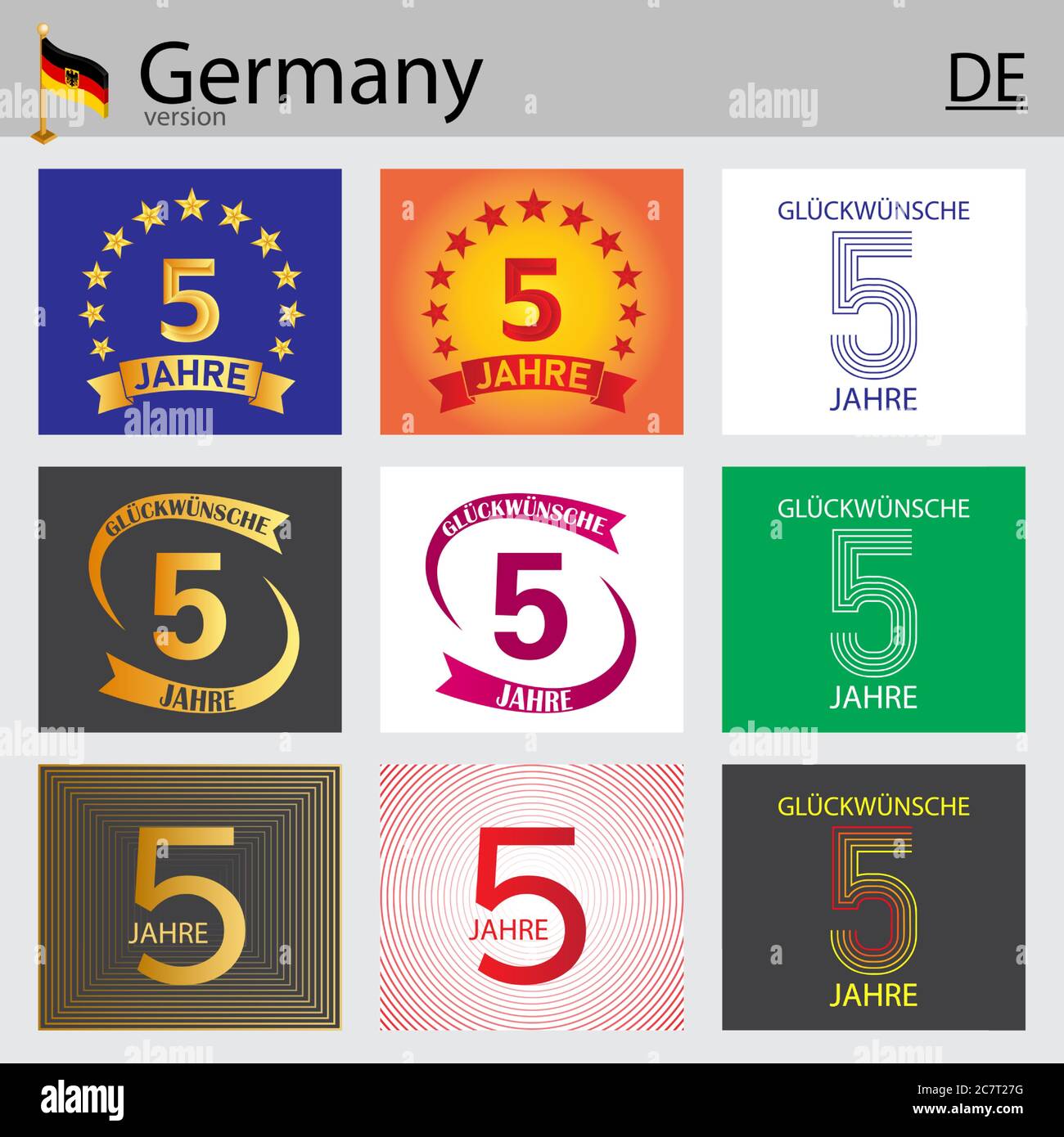 German set of number five years (5 years) celebration design ...