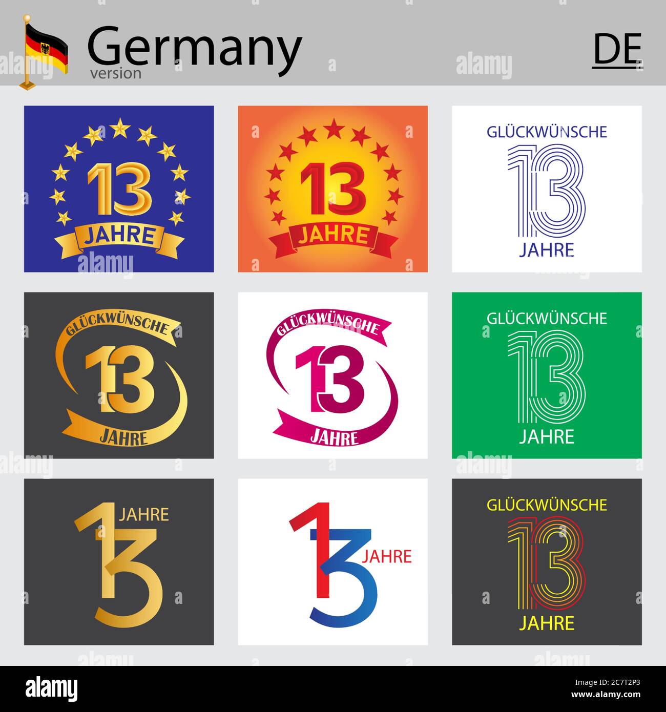 German set of number thirteen years (13 years) celebration design ...