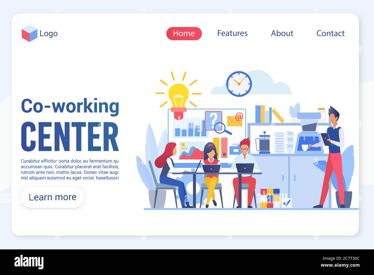 Co-working center center landing page vector template. Office structure ...