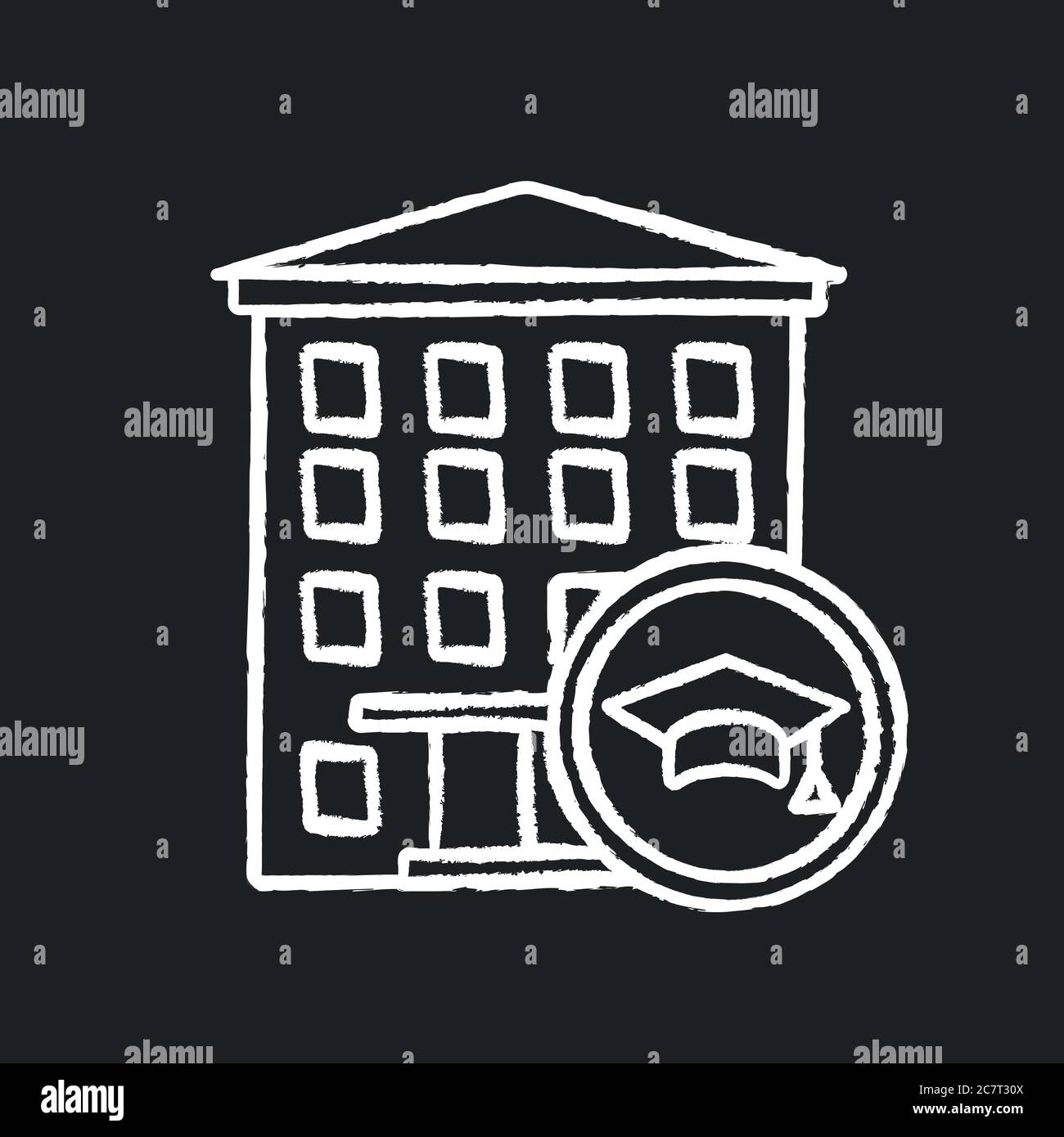Dormitory chalk white icon on black background. Students residence hall ...