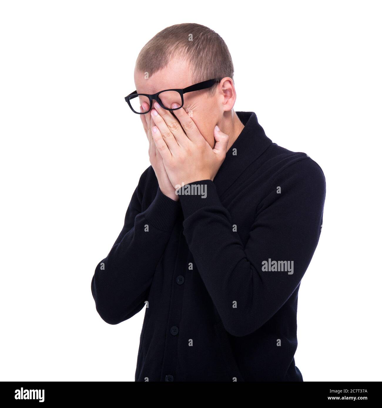 stress and depression - young man crying isolated on white background ...