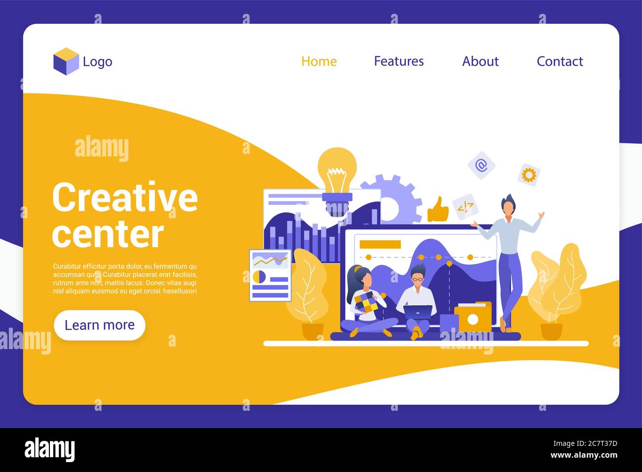 Creative center flat landing page vector template. Company department ...