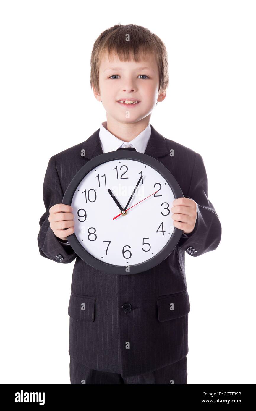 time management concept - little boy in business suit with office clock ...