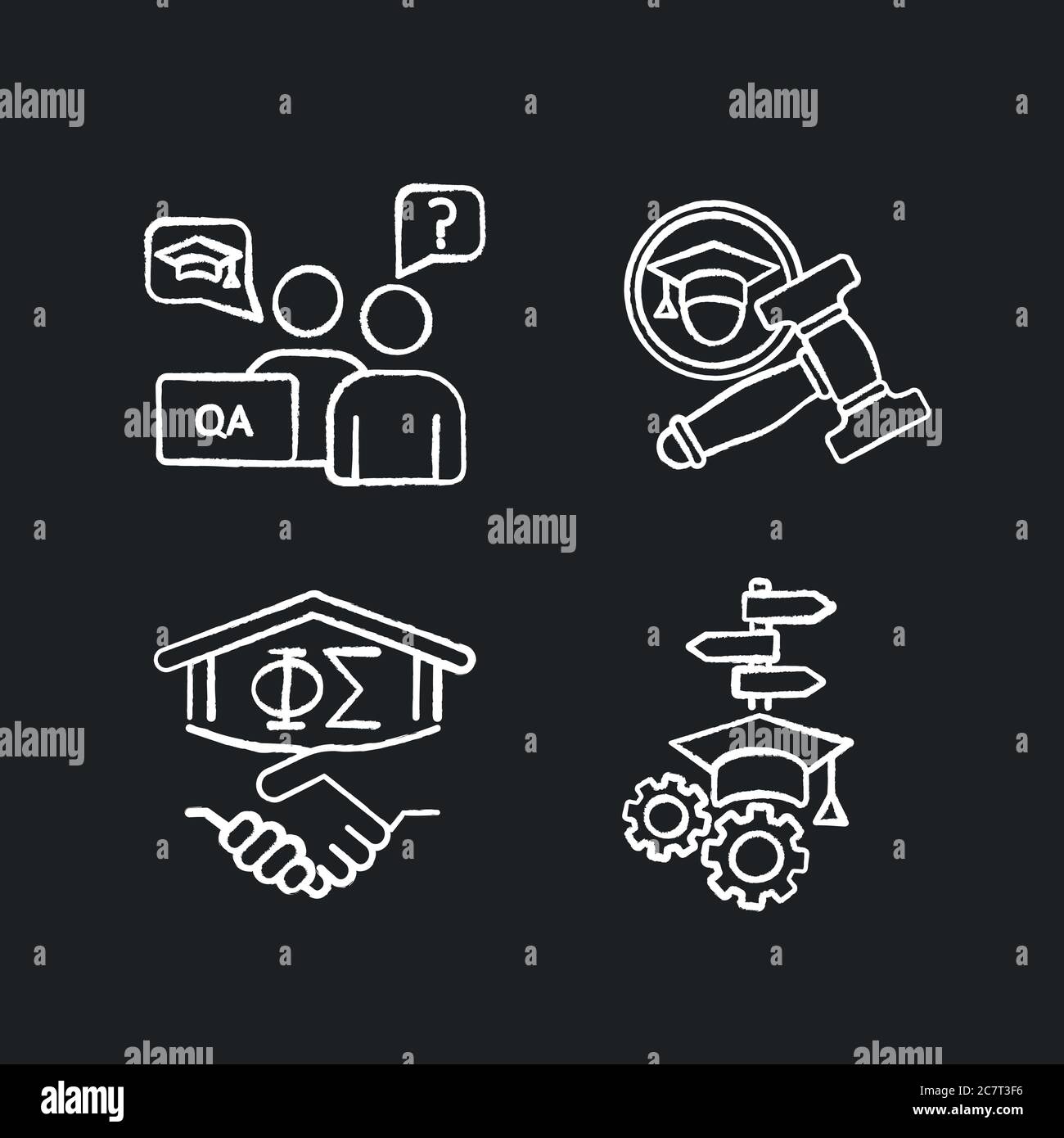College life chalk white icons set on black background. Academic ...