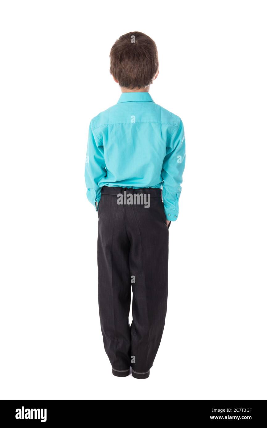 back view of little boy in business suit isolated on white background ...