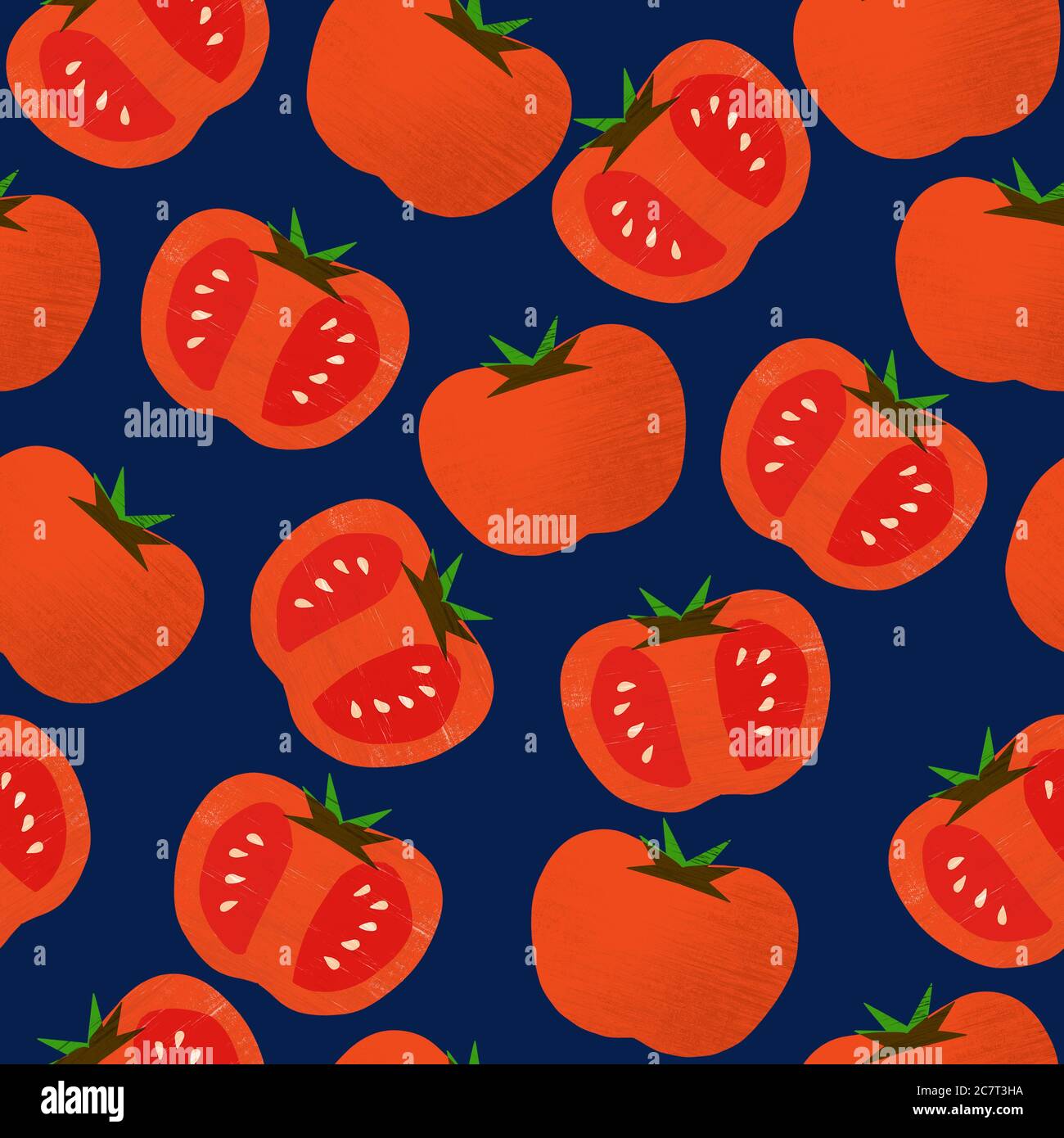 hand-drawn tomato illustration seamless repeat pattern with navy ...
