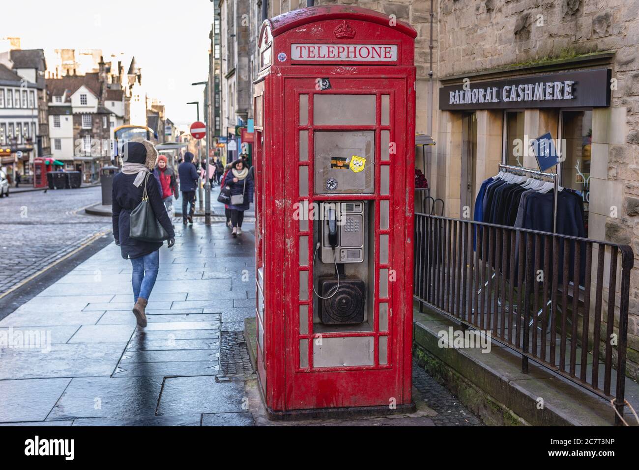 Red telephone booth on High Street in Edinburgh, the capital of ...