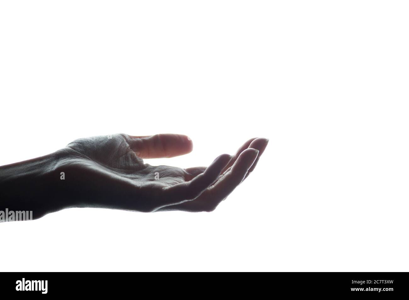 Women hand stretched forward with a request for assistance, alms, keeps ...