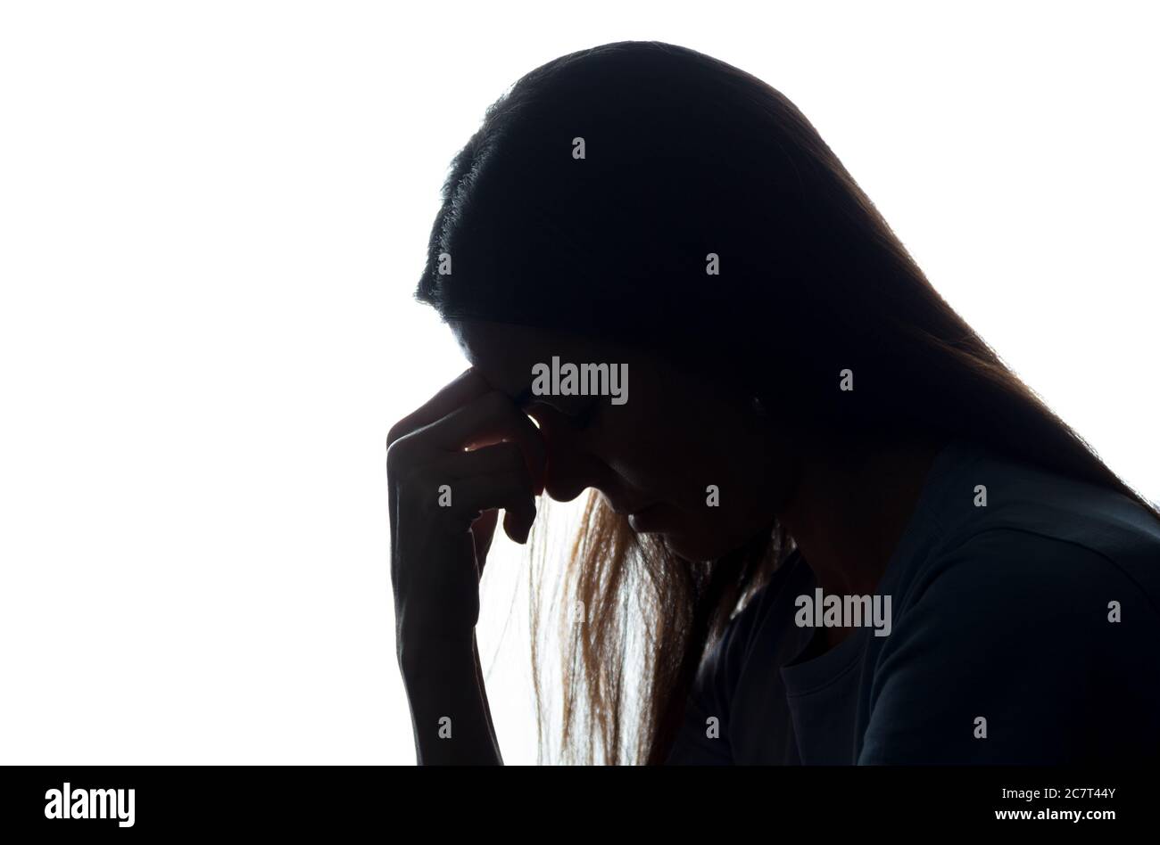 Silhouette of a young woman keep her head - horizontal, isolated Stock ...