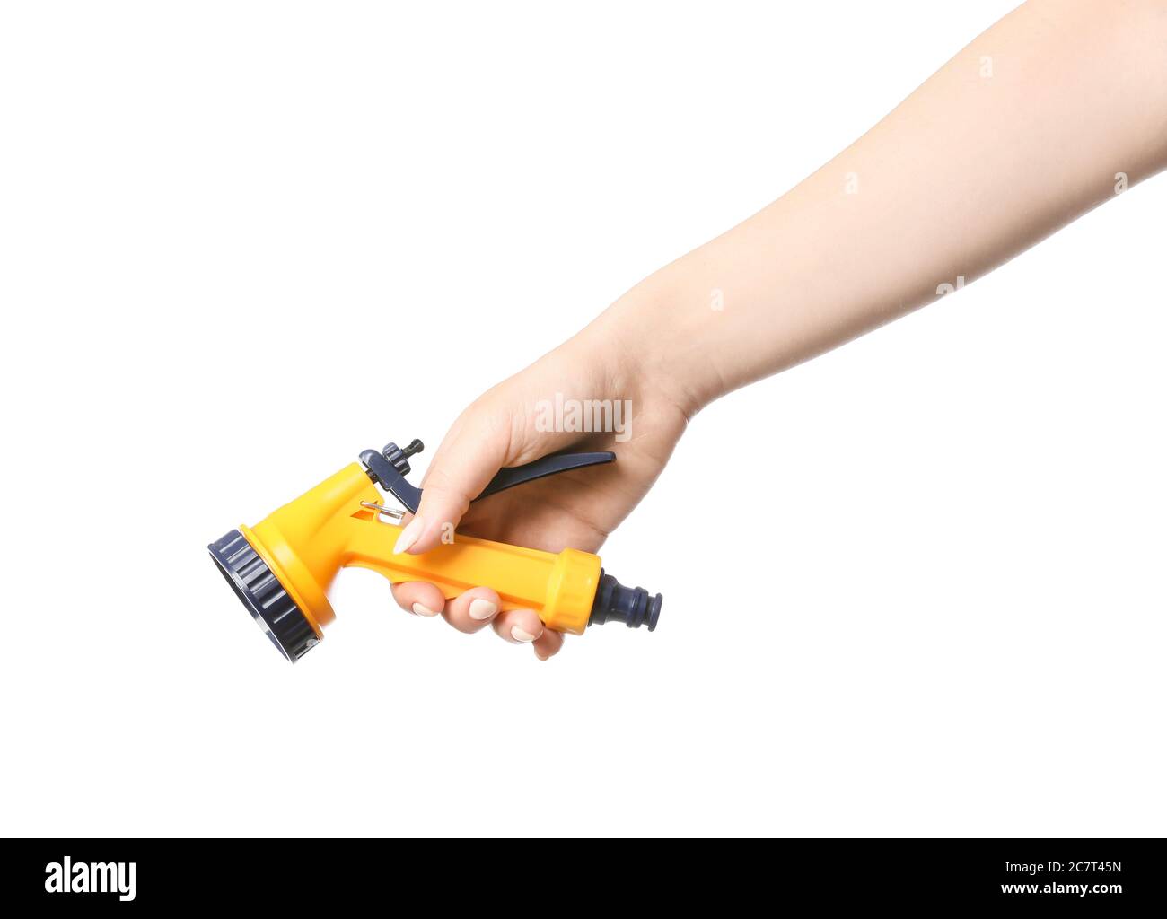 Female hand with water hose on white background Stock Photo - Alamy