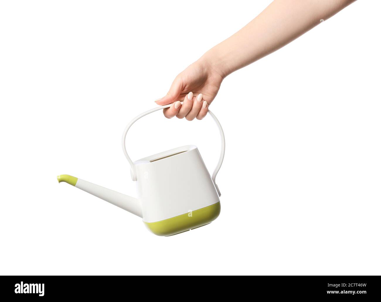 Female hand with watering can on white background Stock Photo - Alamy