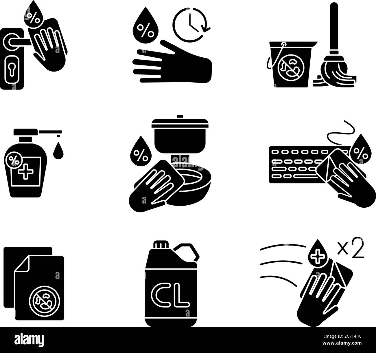 Sanitation black glyph icons set on white space. Antibacterial wipes and disinfectants. Indoor ...