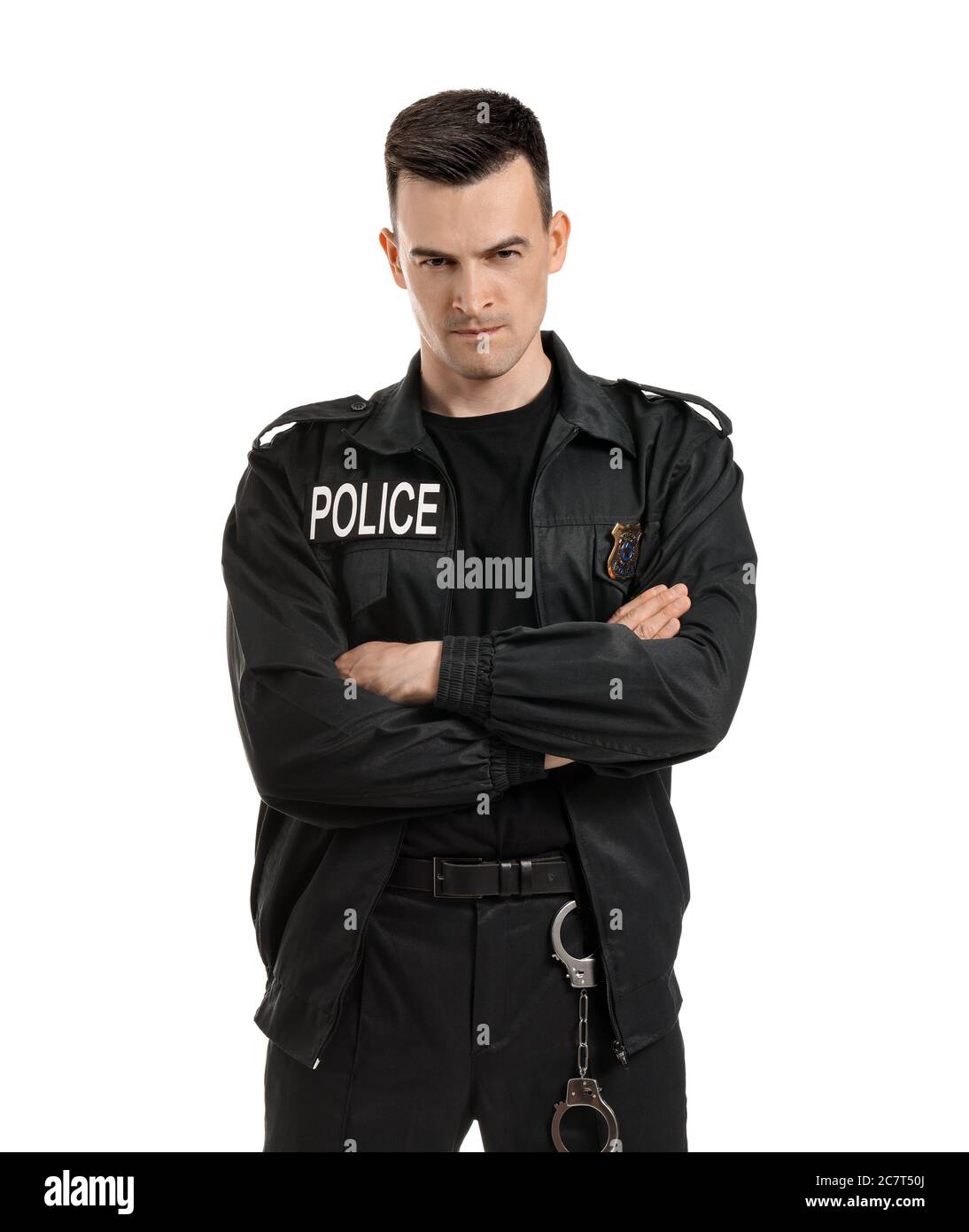 Aggressive police officer on white background Stock Photo - Alamy