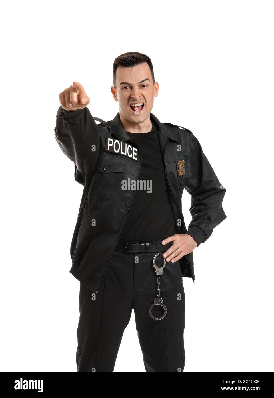Aggressive police officer on white background Stock Photo - Alamy