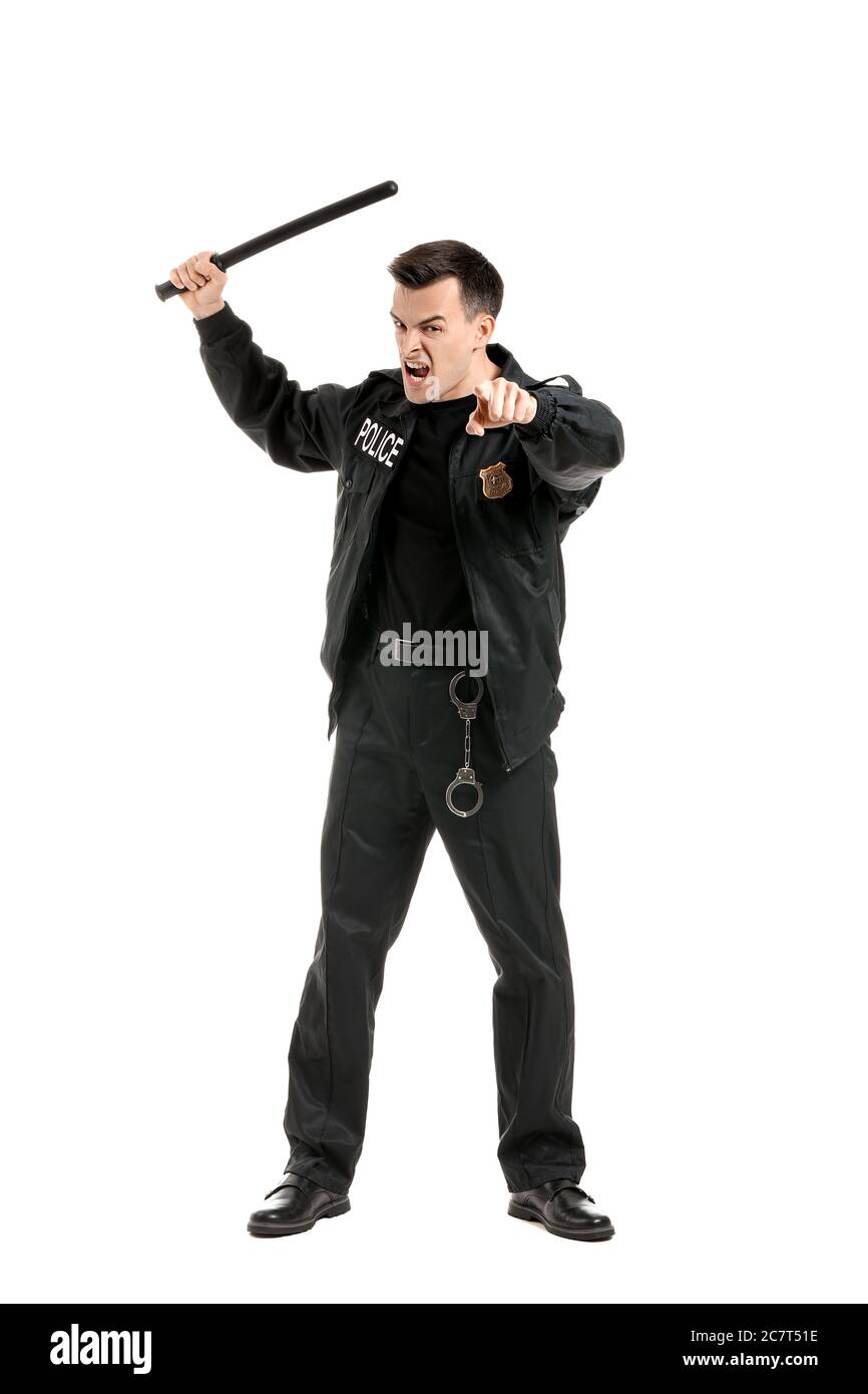 Aggressive police officer with baton on white background Stock Photo ...