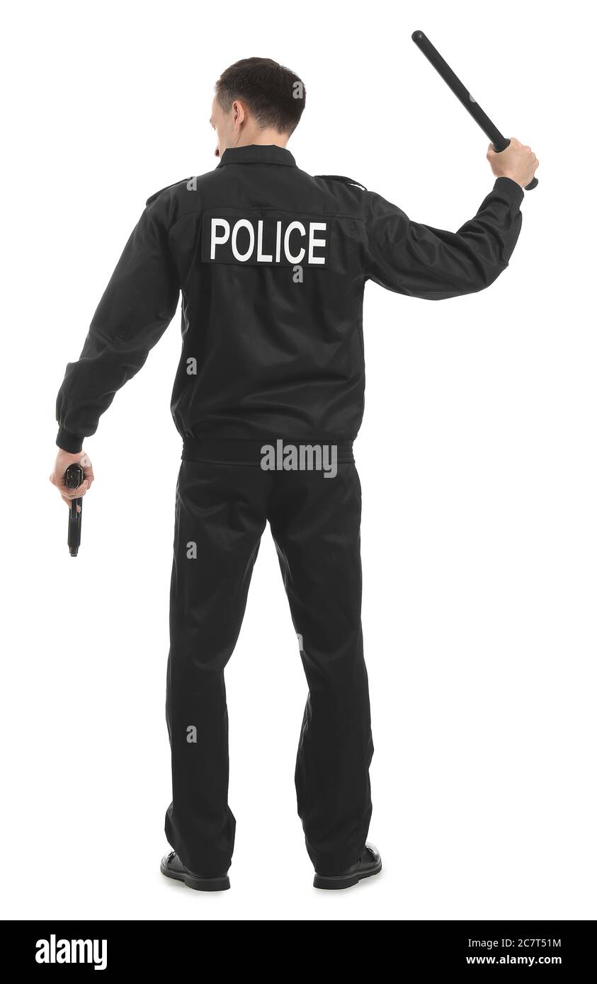 Aggressive police officer with gun and baton on white background, back ...