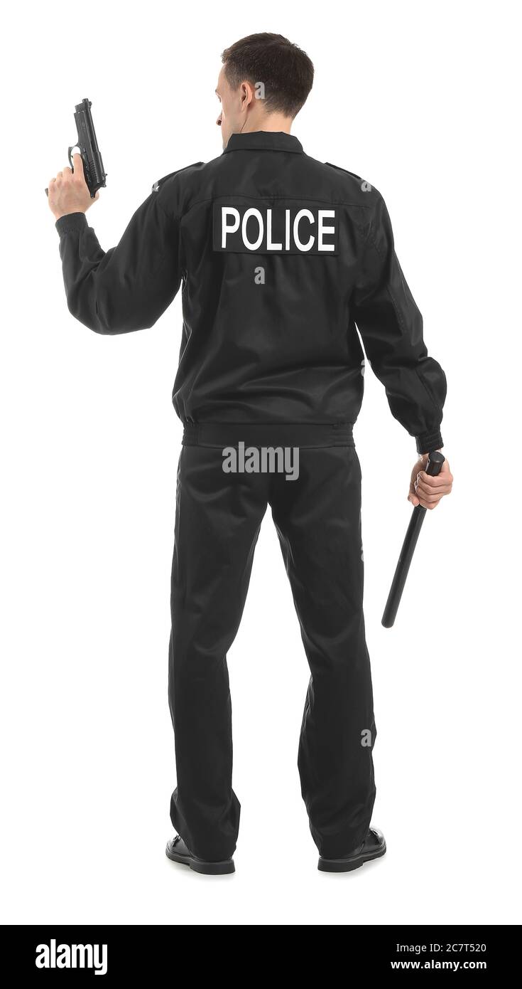 Aggressive police officer with gun and baton on white background, back ...
