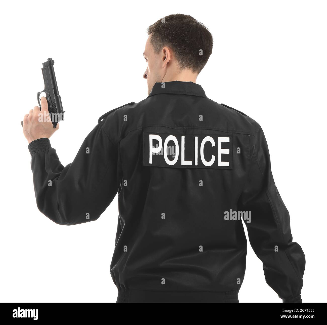 Aggressive police officer with gun on white background, back view Stock ...