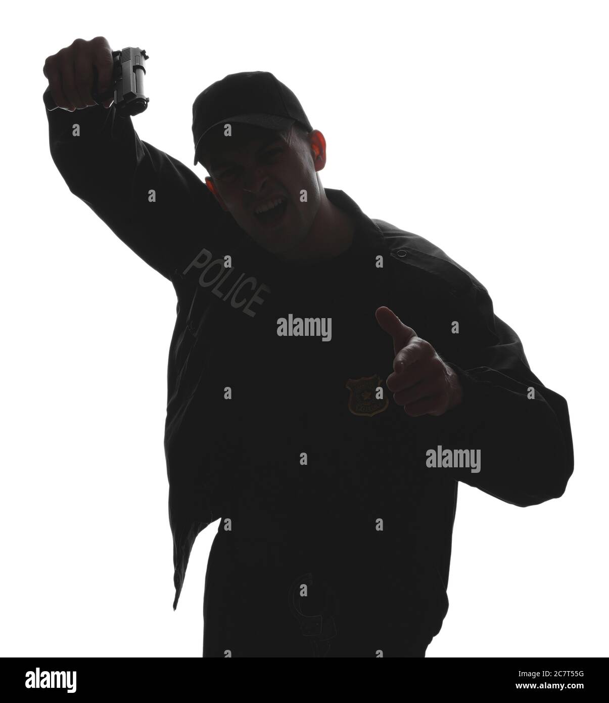 Silhouette of aggressive police officer with gun on white background ...