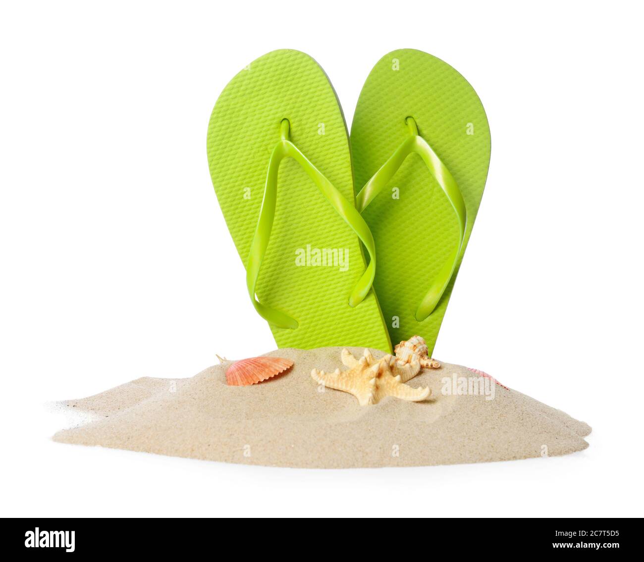 Stylish flip-flops, beach sand and sea shells on white background Stock ...