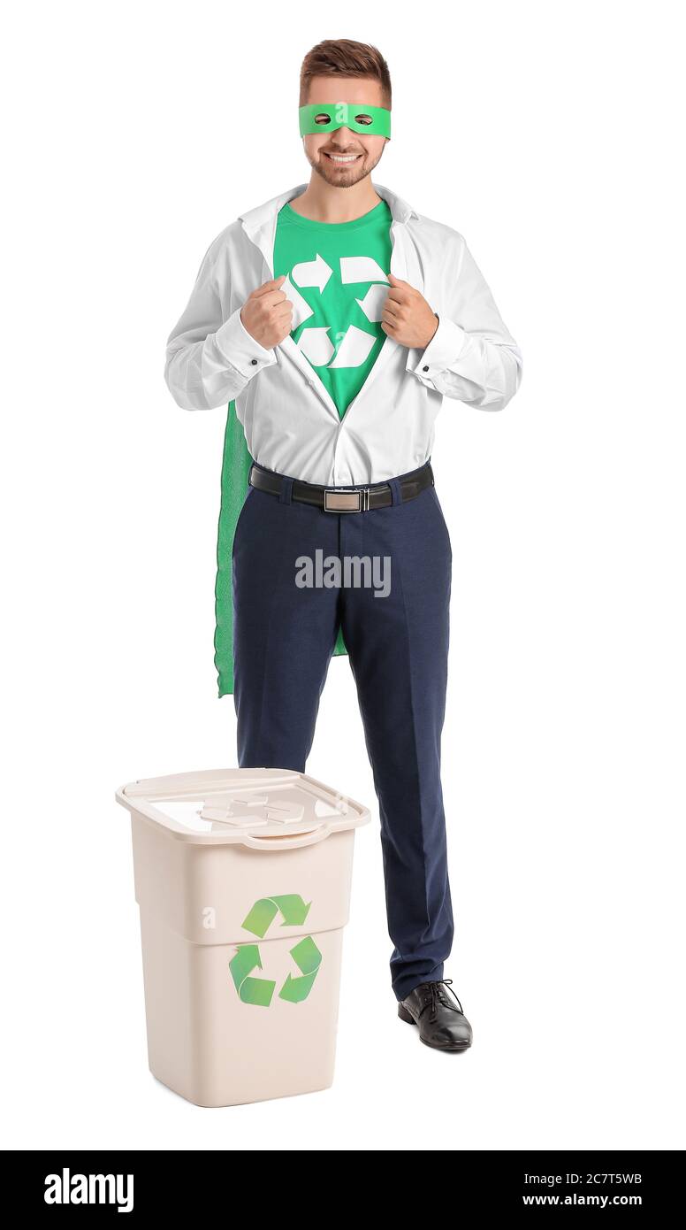 Man dressed as eco superhero with trash bin on white background Stock ...