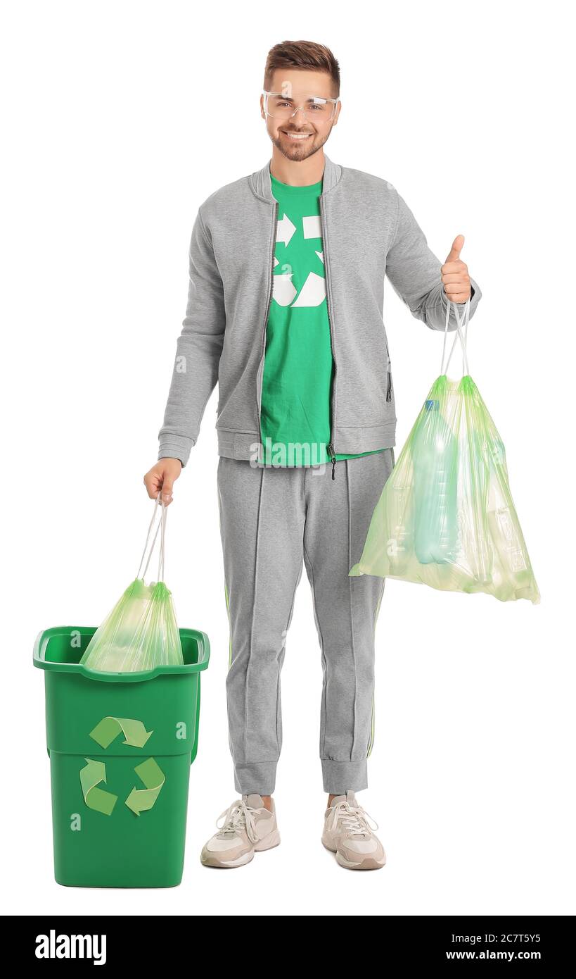 Man in t-shirt with recycling sign and trash on white background ...