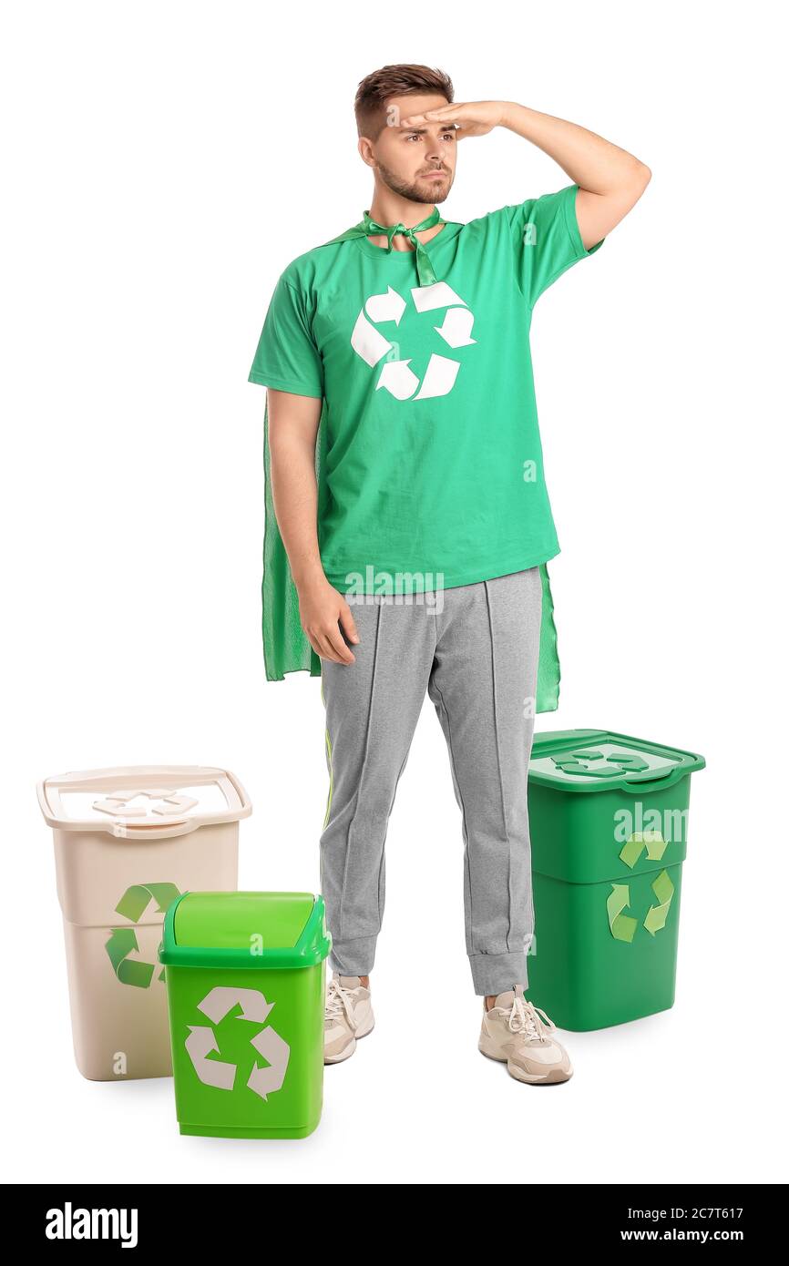 Man dressed as eco superhero with trash bins on white background Stock ...
