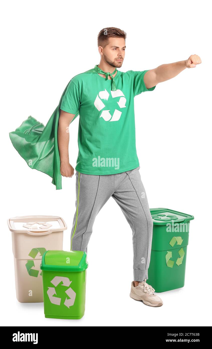 Man dressed as eco superhero with trash bins on white background Stock ...